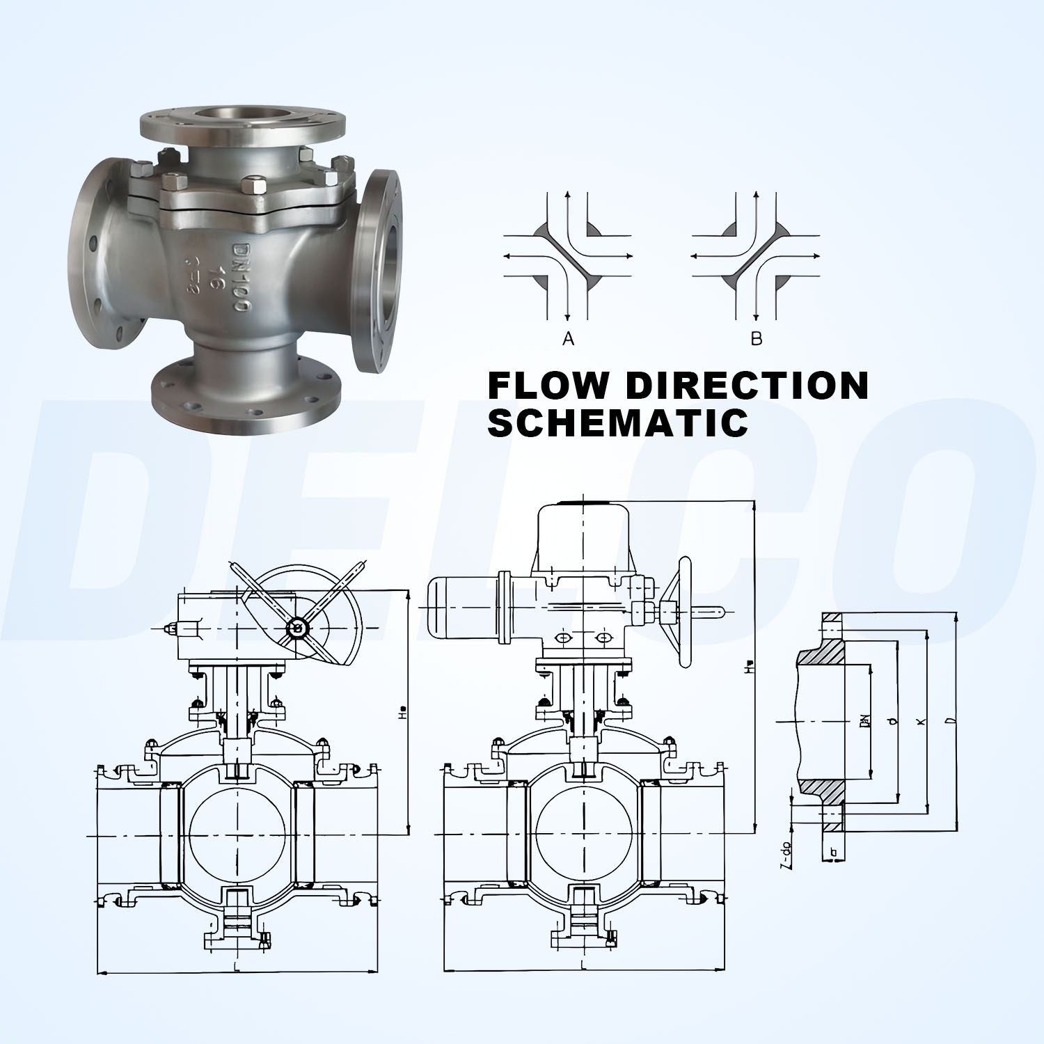 DELCO 4 Way Flange Motorized Ball Valves-DK55-4TF